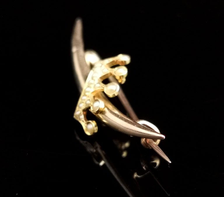 Antique Crescent and Crown Brooch, 15k Gold, Pearl, Victorian For Sale ...