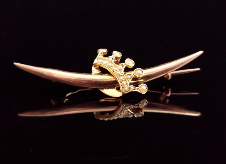 Antique Crescent and Crown Brooch, 15k Gold, Pearl, Victorian For Sale ...