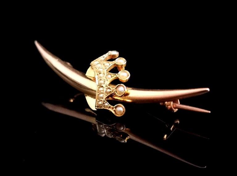 Antique Crescent and Crown Brooch, 15k Gold, Pearl, Victorian For Sale ...