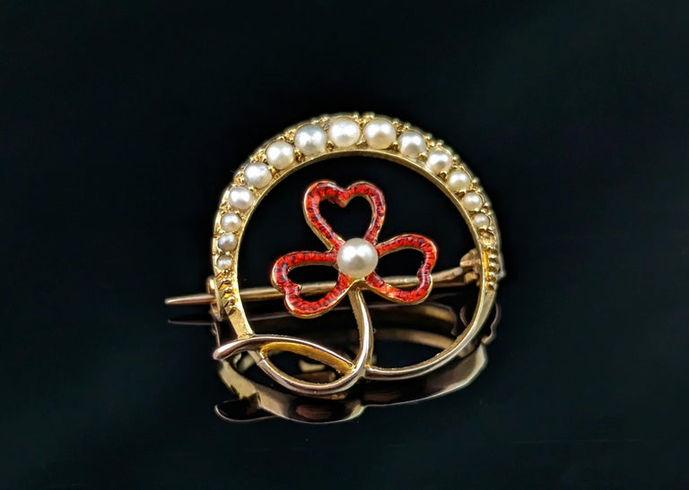 Antique Crescent and Shamrock Brooch, Pearl and Red Enamel, 15k Gold ...