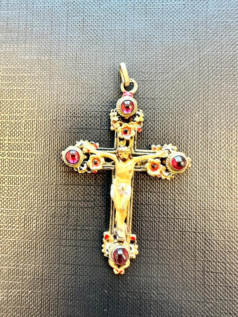 Antique Cross in 835 Silver, Gold Plated with Enamel and Garnet ...