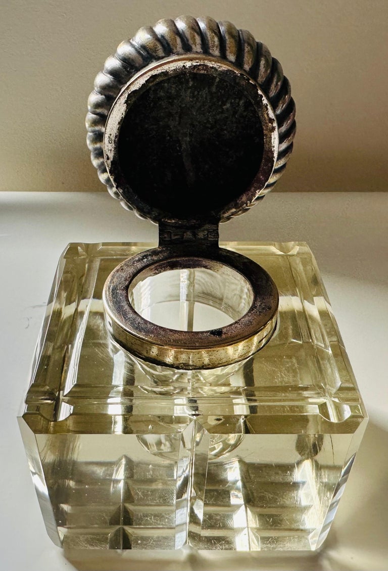 Antique Cut Crystal Glass and Silver Plate Inkwell For Sale at 1stDibs