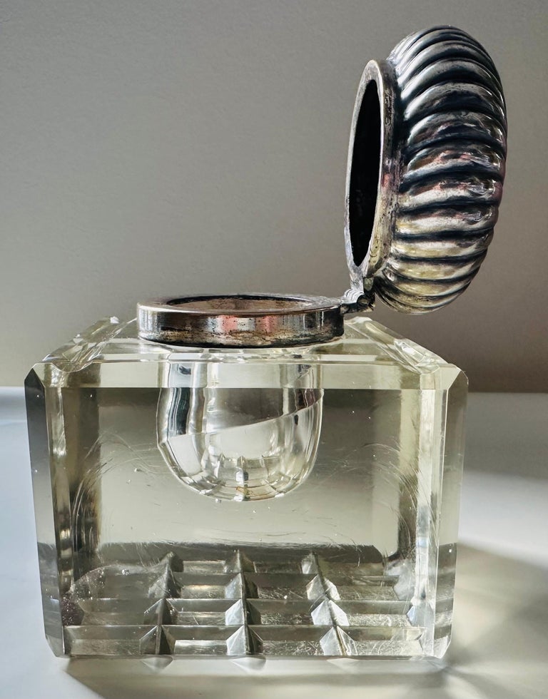 Antique Cut Crystal Glass and Silver Plate Inkwell For Sale at 1stDibs