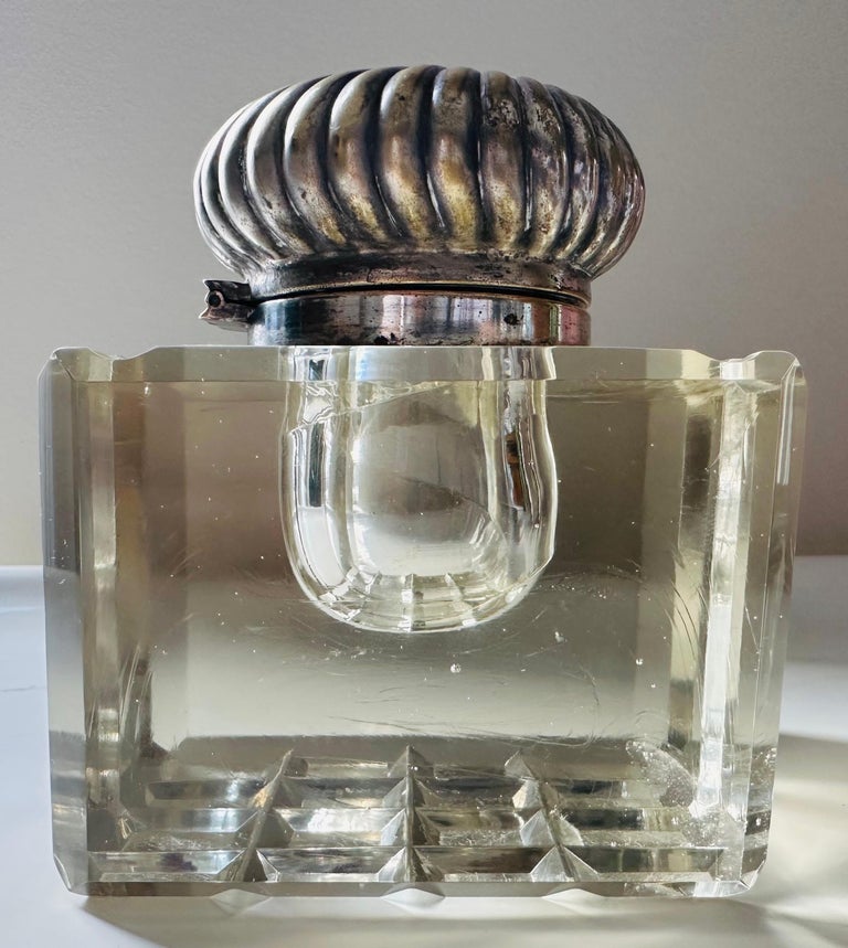 Antique Cut Crystal Glass and Silver Plate Inkwell For Sale at 1stDibs
