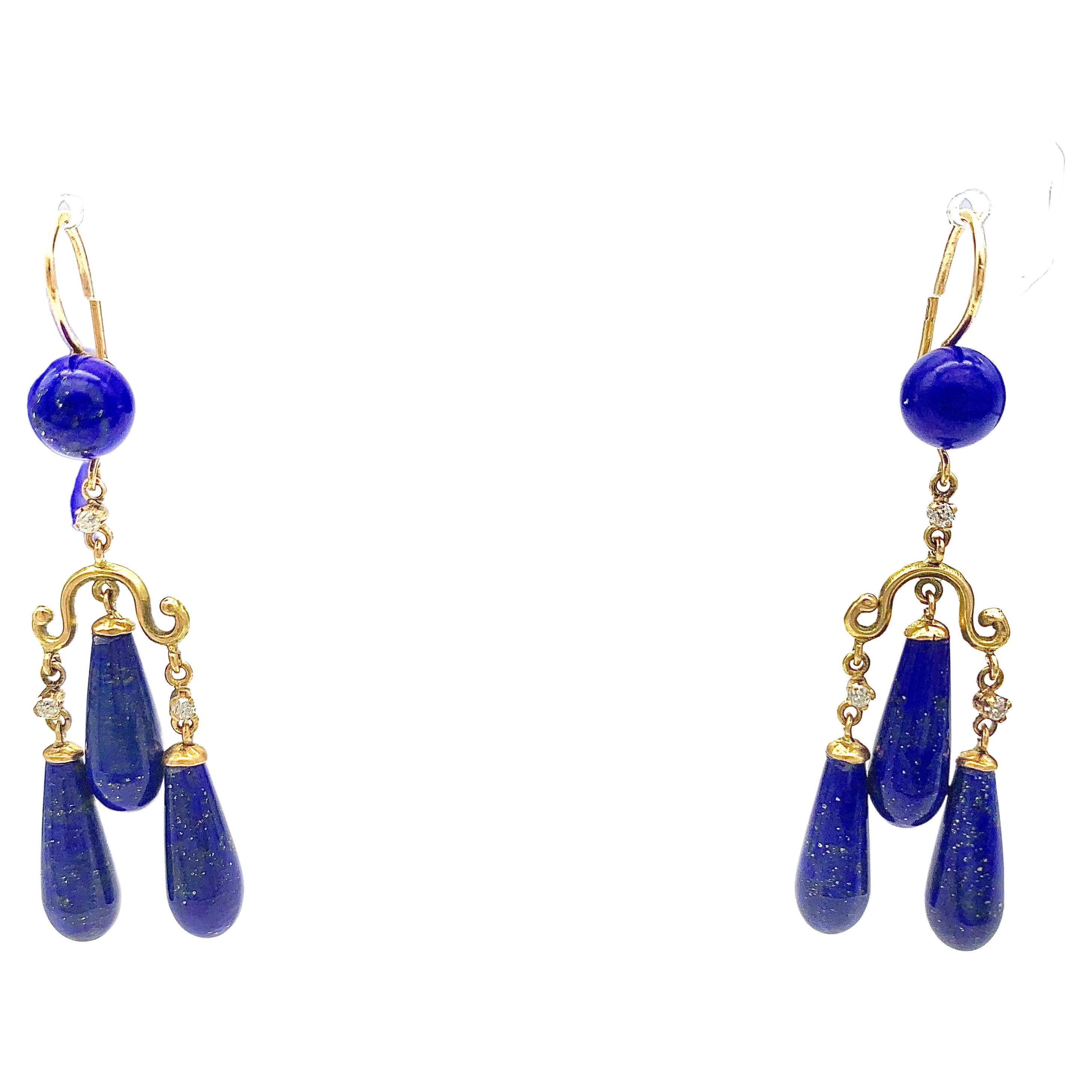 Antique Dangling Drop goold Earrings Lapis Lazuli Diamonds For Sale at ...