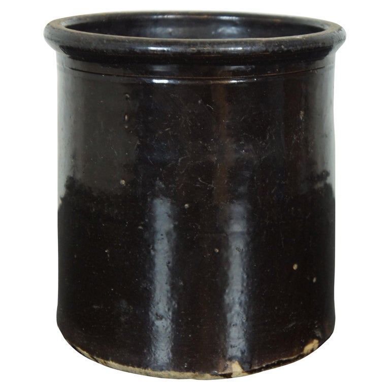 Antique Dark Brown Glaze Stoneware Crock Pot Pickling Canning Jar ...