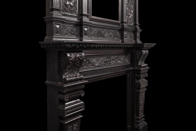 Antique Dark Oak Jacobean Mantlepiece with Over-mantle Mirror For Sale ...