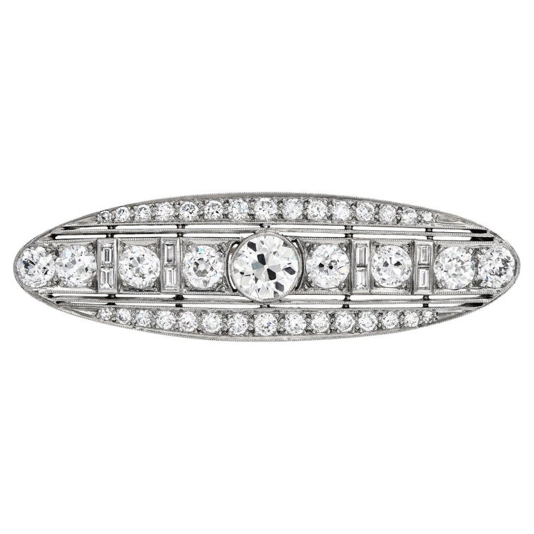 Antique Deco 6.55 Carats Old European Diamond Platinum Filigree Brooch ...