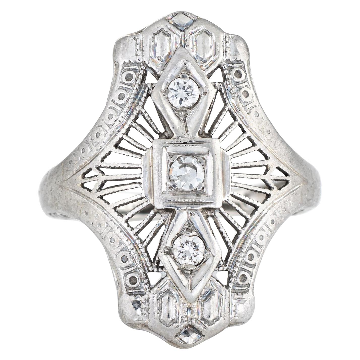 Antique Deco Diamond Ring Platinum 18k Filigree Shield Dinner Jewelry 4 ...
