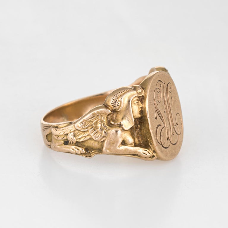 Antique Deco Egyptian Revival Signet Ring Sphinx Man Lion 14k Gold 10.5 ...