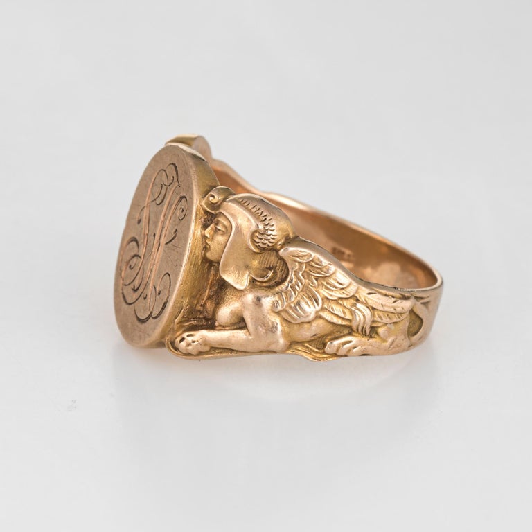 Antique Deco Egyptian Revival Signet Ring Sphinx Man Lion 14k Gold 10.5 ...