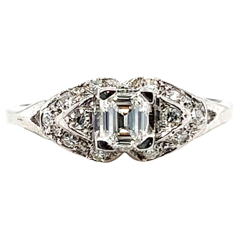 Antique Deco Emerald Cut Diamond Engagement Ring .64ct GIA Platinum ...
