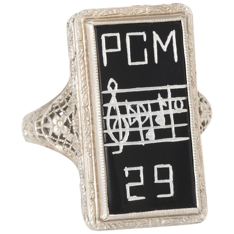 Antique Deco Music Sheet Ring Vintage 14 Karat White Gold Onyx For Sale ...