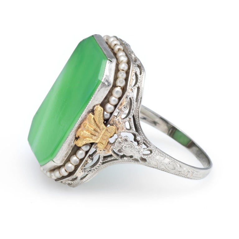 Antique Deco Ostby Barton Ring Green Jade Pearl Filigree 10 Karat White ...