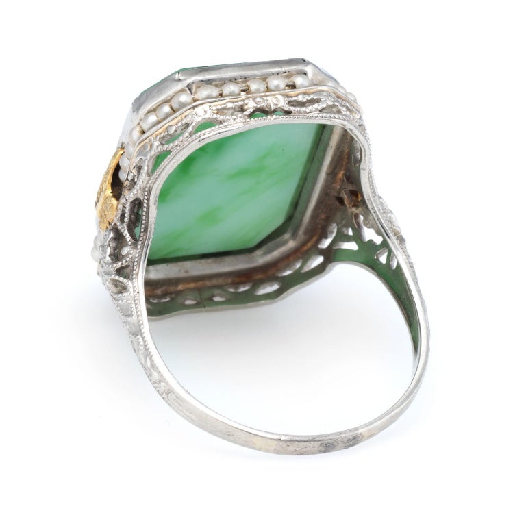 Antique Deco Ostby Barton Ring Green Jade Pearl Filigree 10 Karat White ...