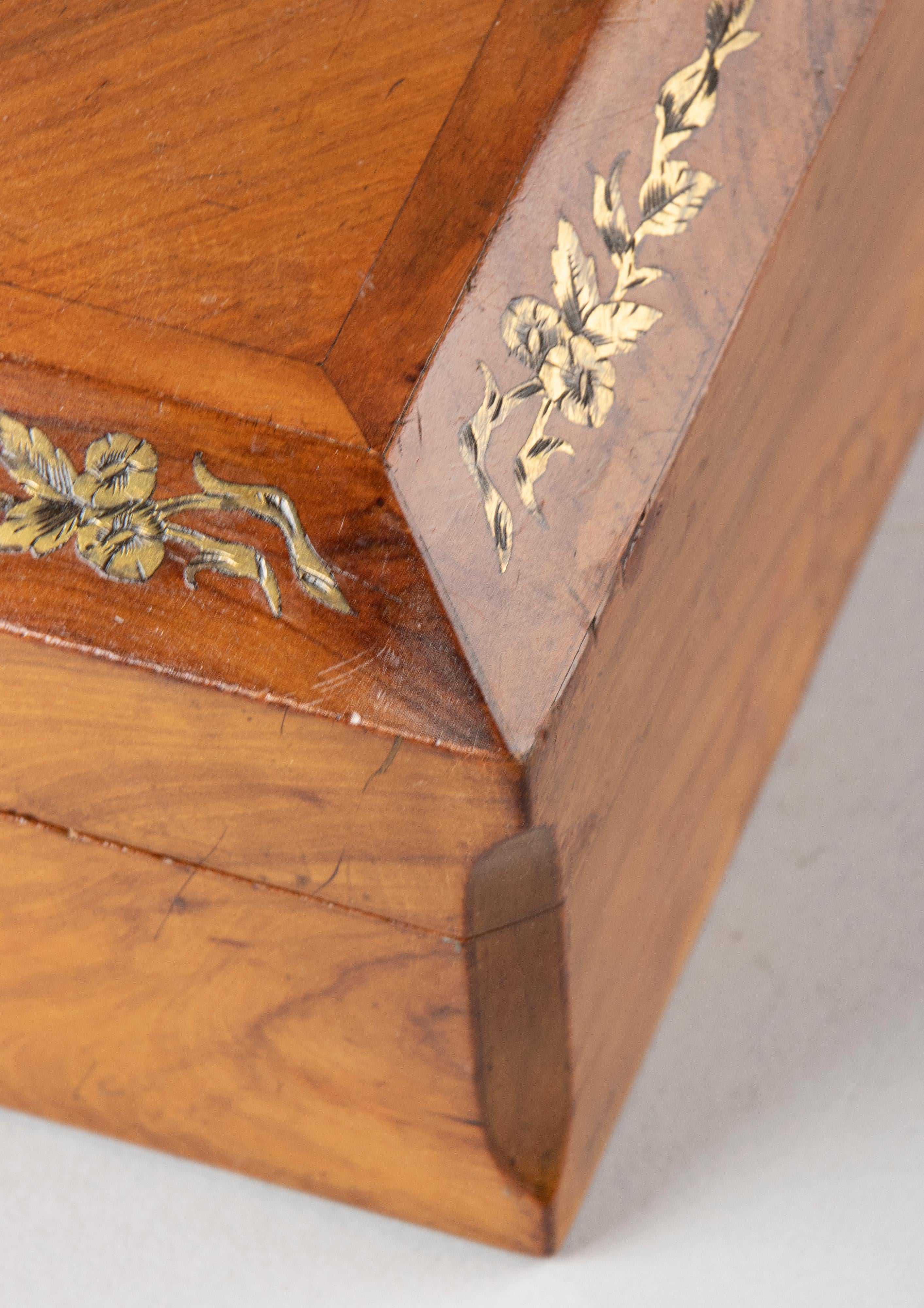 Antique Decorative Box Walnut with Brass inlay Monogram For Sale at 1stDibs