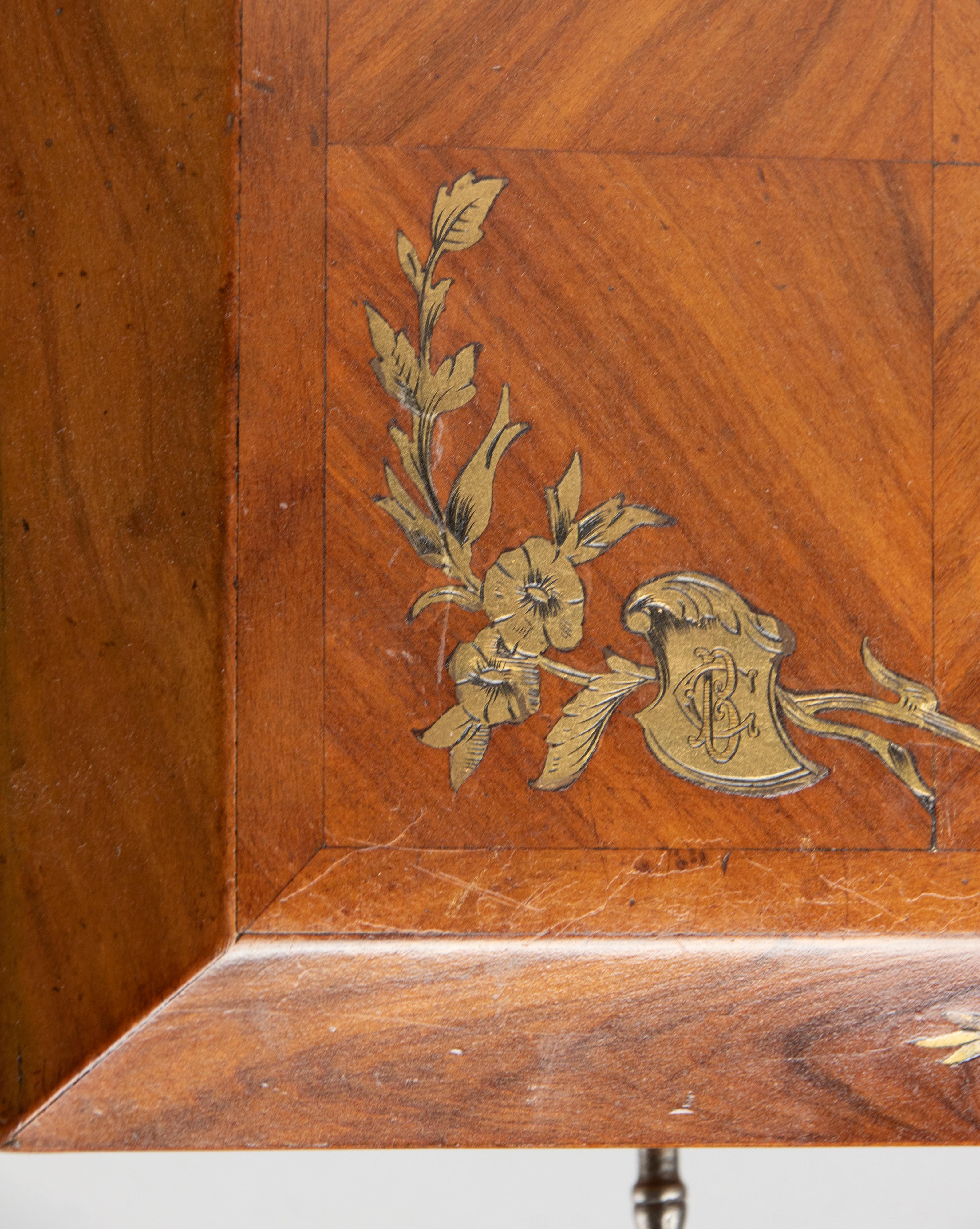 Antique Decorative Box Walnut with Brass inlay Monogram For Sale at 1stDibs