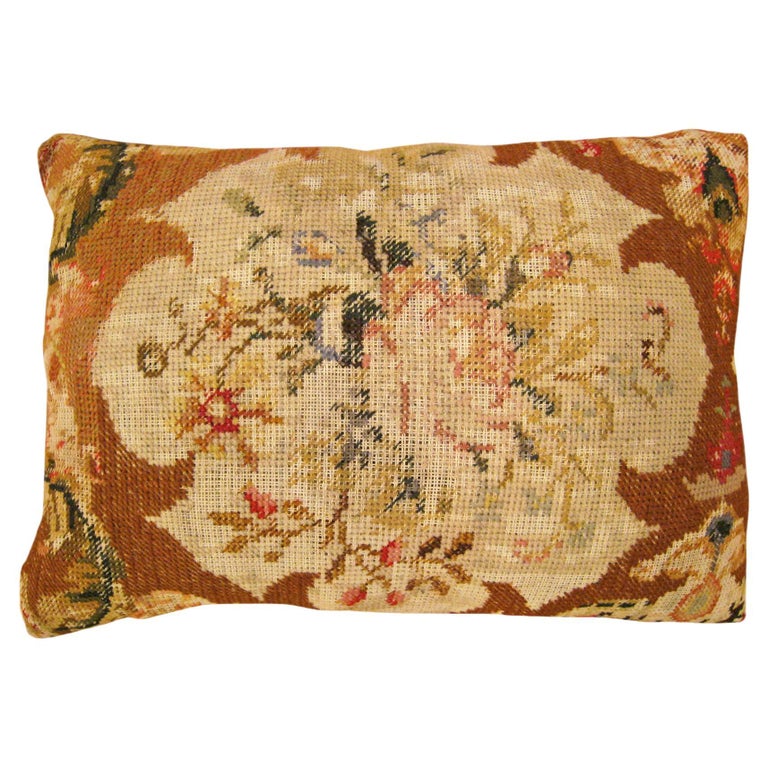 Antique Decorative English Needlepoint Rug Pillow with Floral Elements ...
