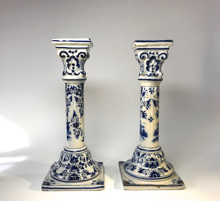 Delft Blue White Tin Glazed Pair of Tall Candlesticks Dutch Windmills ...