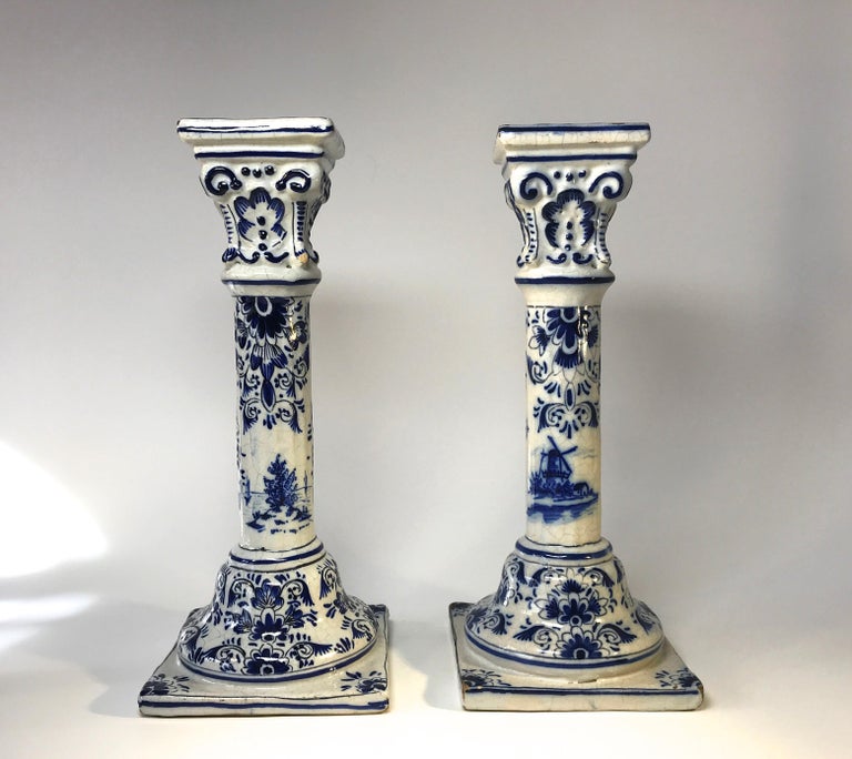 Delft Blue White Tin Glazed Pair of Tall Candlesticks Dutch Windmills ...