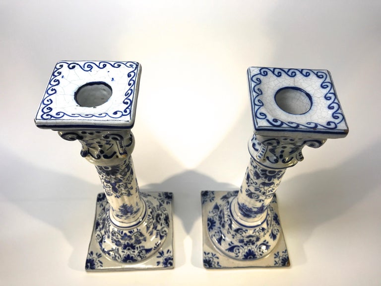 Delft Blue White Tin Glazed Pair of Tall Candlesticks Dutch Windmills ...