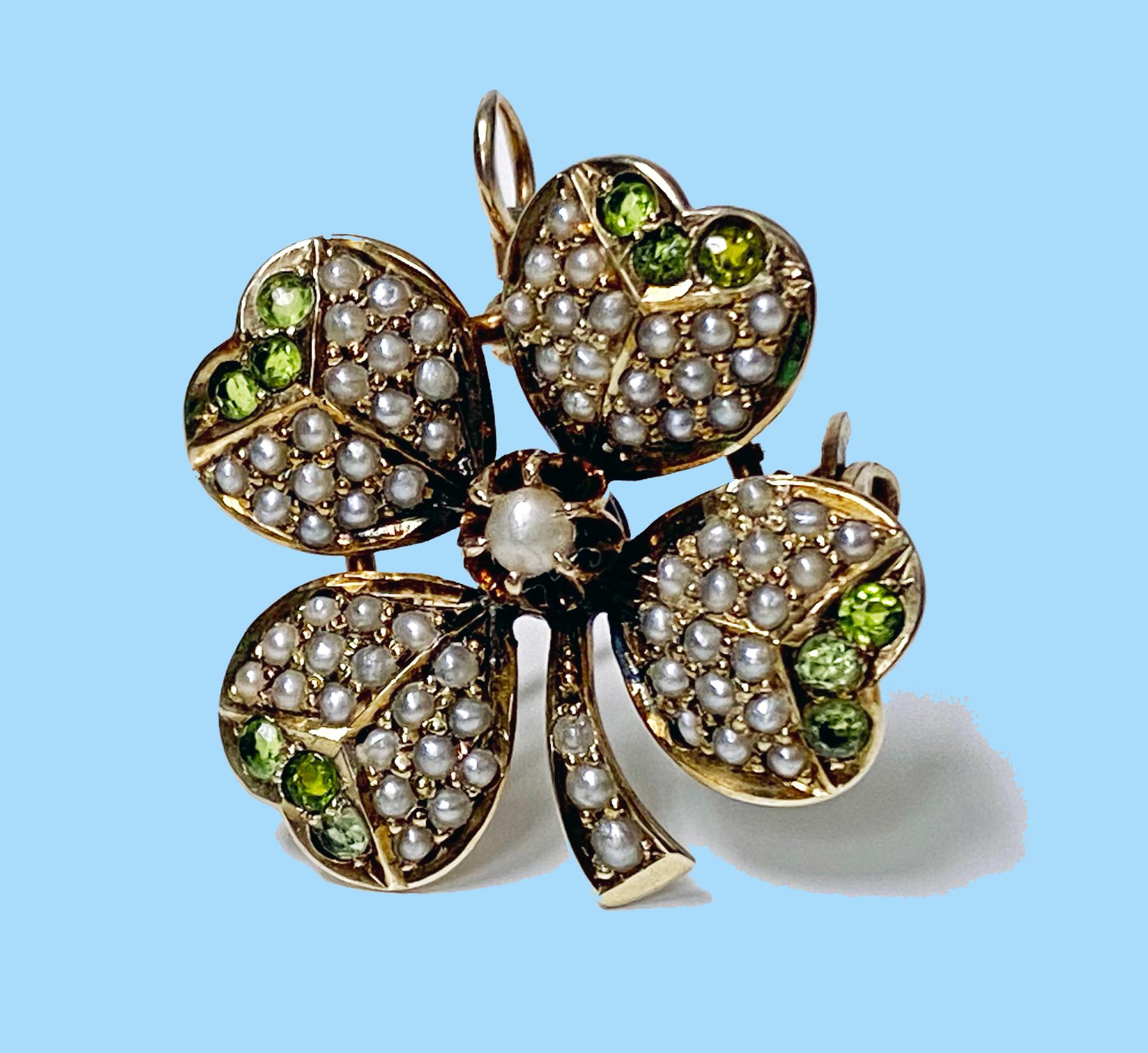 Antique Demantoid Pearl Gold Clover Pendant Brooch, C.1890 at 1stDibs