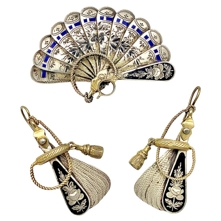 Antique Demi Parure Fans Earrings and Brooch Silver Enamel Original Box ...