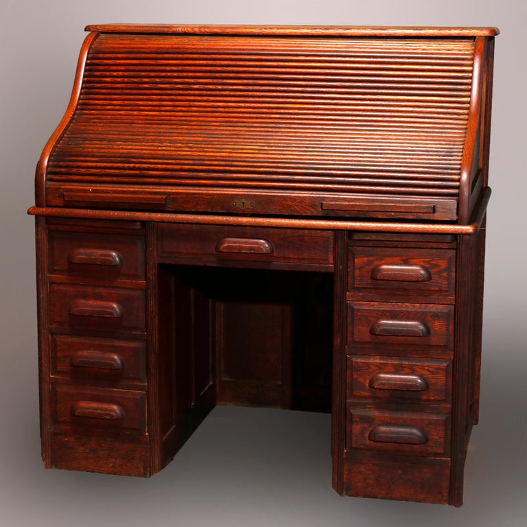 Antique Derby School Oak S-Roll Top Desk with Reeded Side Column, circa ...