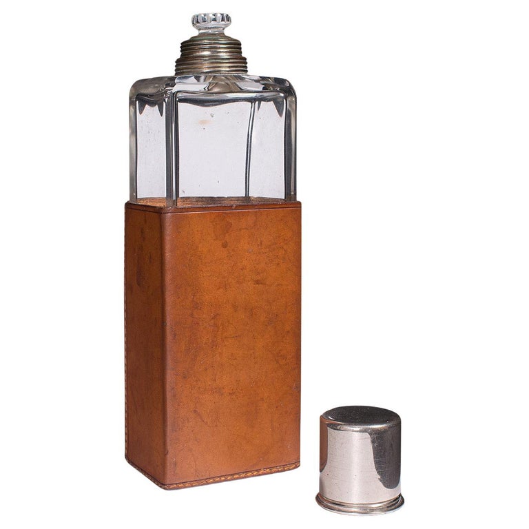 Antique Desk Flask, English, Glass, Leather, Drinking Bottle, Edwardian ...