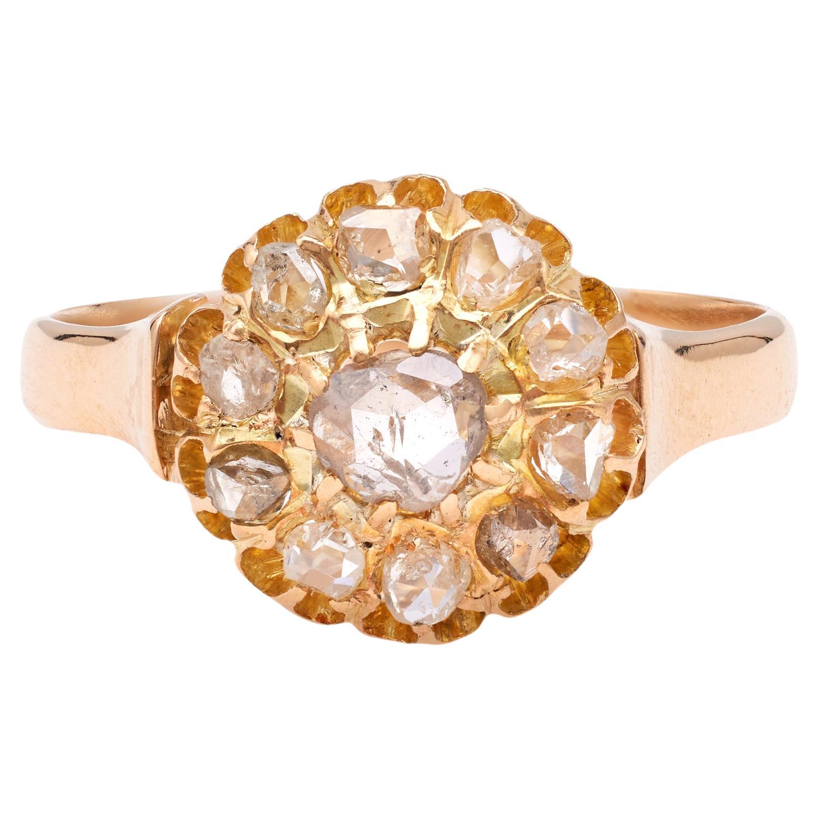 Antique Diamond 18k Rose Gold Cluster Ring For Sale at 1stDibs