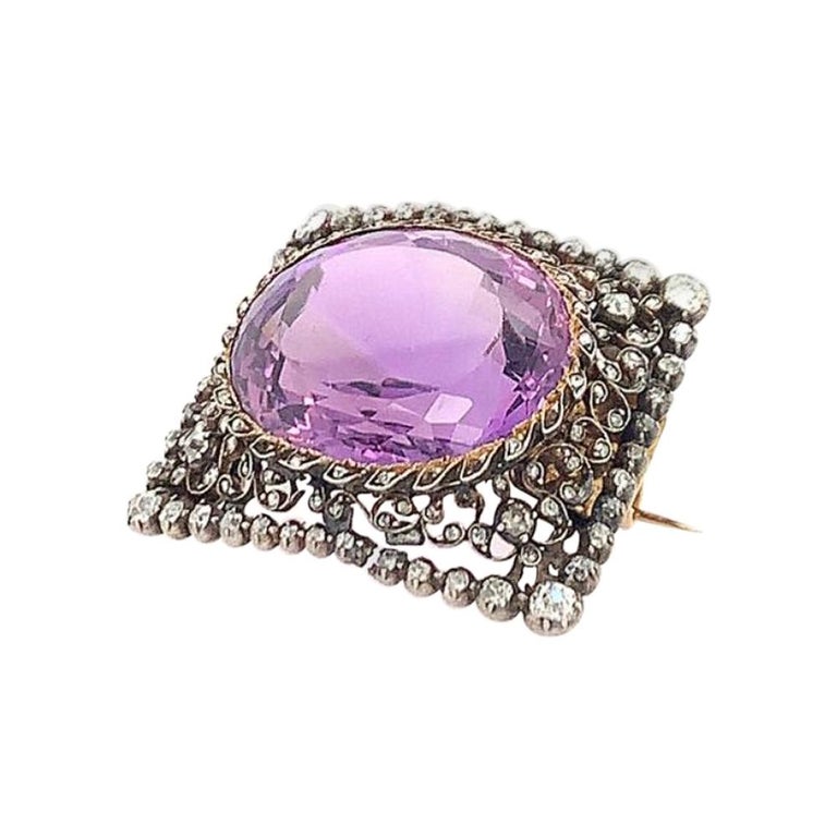 Antique Diamond Amethyst Pin For Sale at 1stDibs