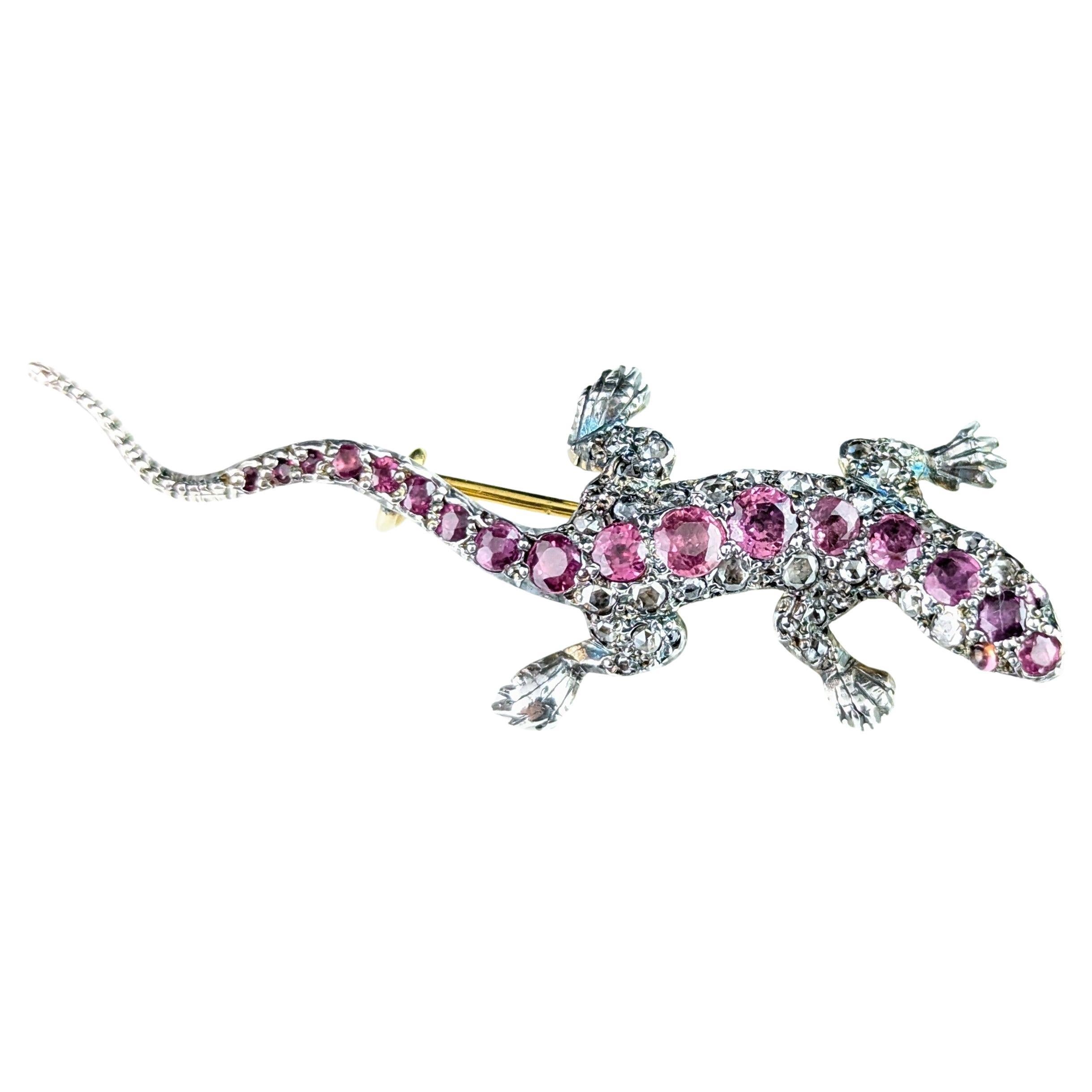 Antique Diamond and Pink sapphire lizard brooch, 9k gold and Silver For ...