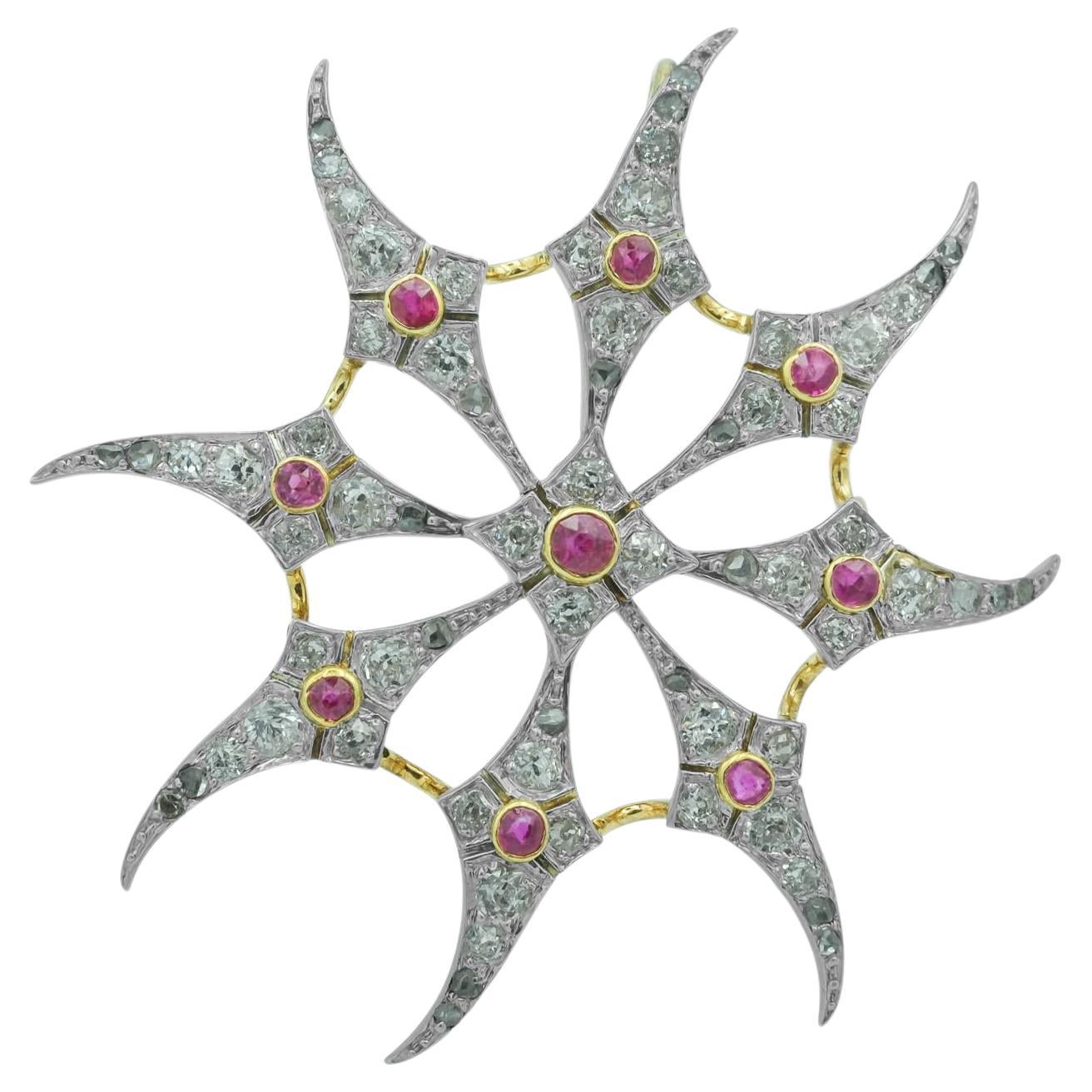 Antique Diamond and Ruby Spider Web Sun Brooch Pendant in 18 Karat Gold ...