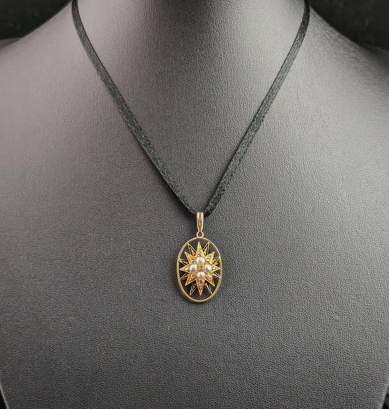 Antique Diamond and Split Pearl Star Pendant, 9k Gold, Blue Enamel For ...