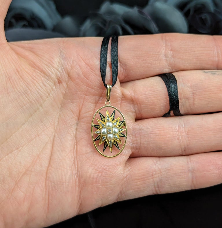 Antique Diamond and Split Pearl Star Pendant, 9k Gold, Blue Enamel For ...