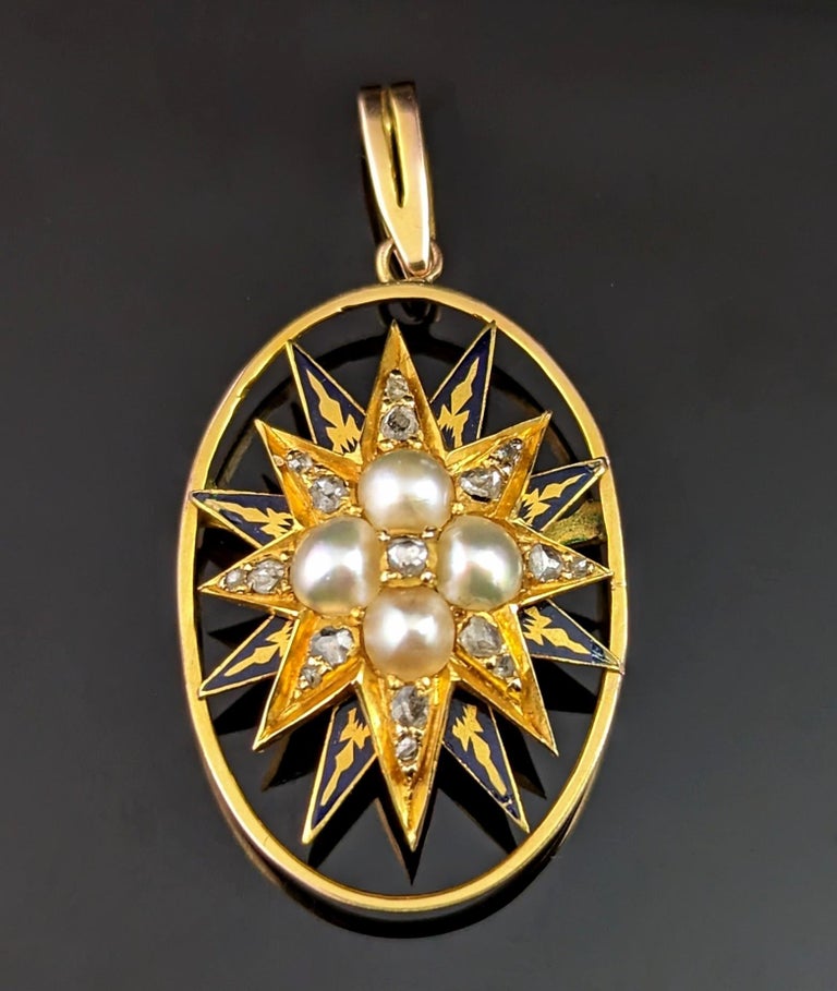 Antique Diamond and Split Pearl Star Pendant, 9k Gold, Blue Enamel For ...