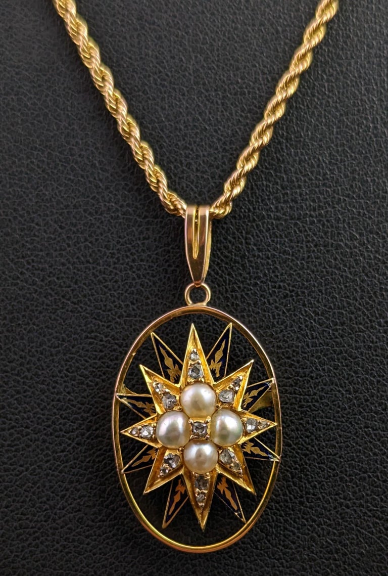 Antique Diamond and Split Pearl Star Pendant, 9k Gold, Blue Enamel For ...