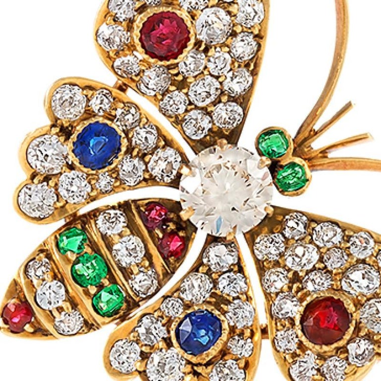 Antique Diamond Emerald Ruby Sapphire and Gold Butterfly Brooch at ...