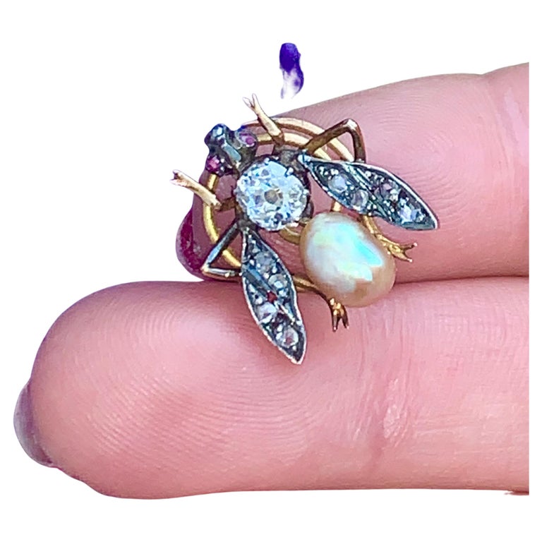 Antique Diamond Fly Stud Button Natural Oriental Pearl 14 Karat Gold ...