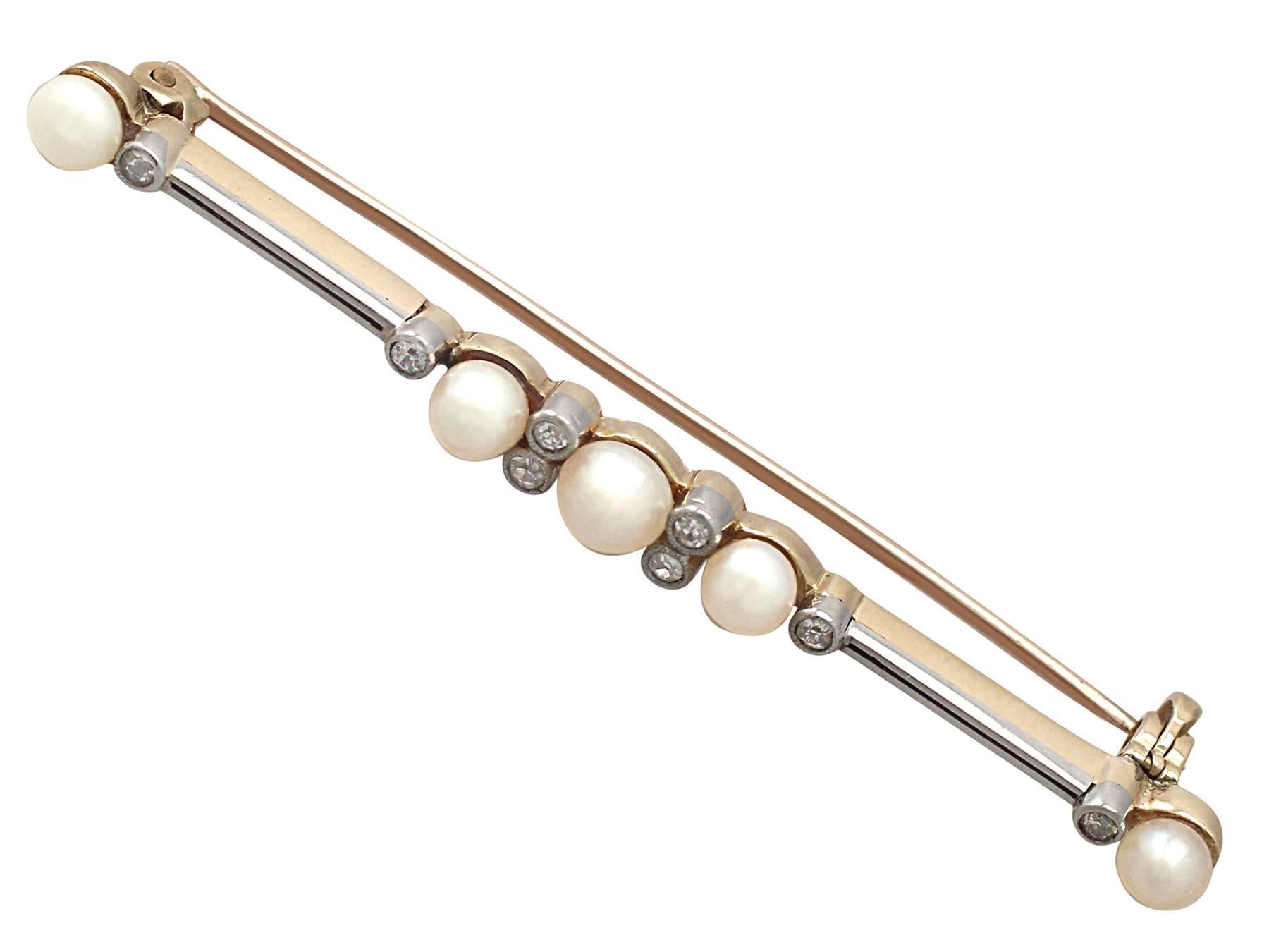 Antique Diamond and Pearl 9k Yellow Gold Bar Brooch For Sale at 1stDibs