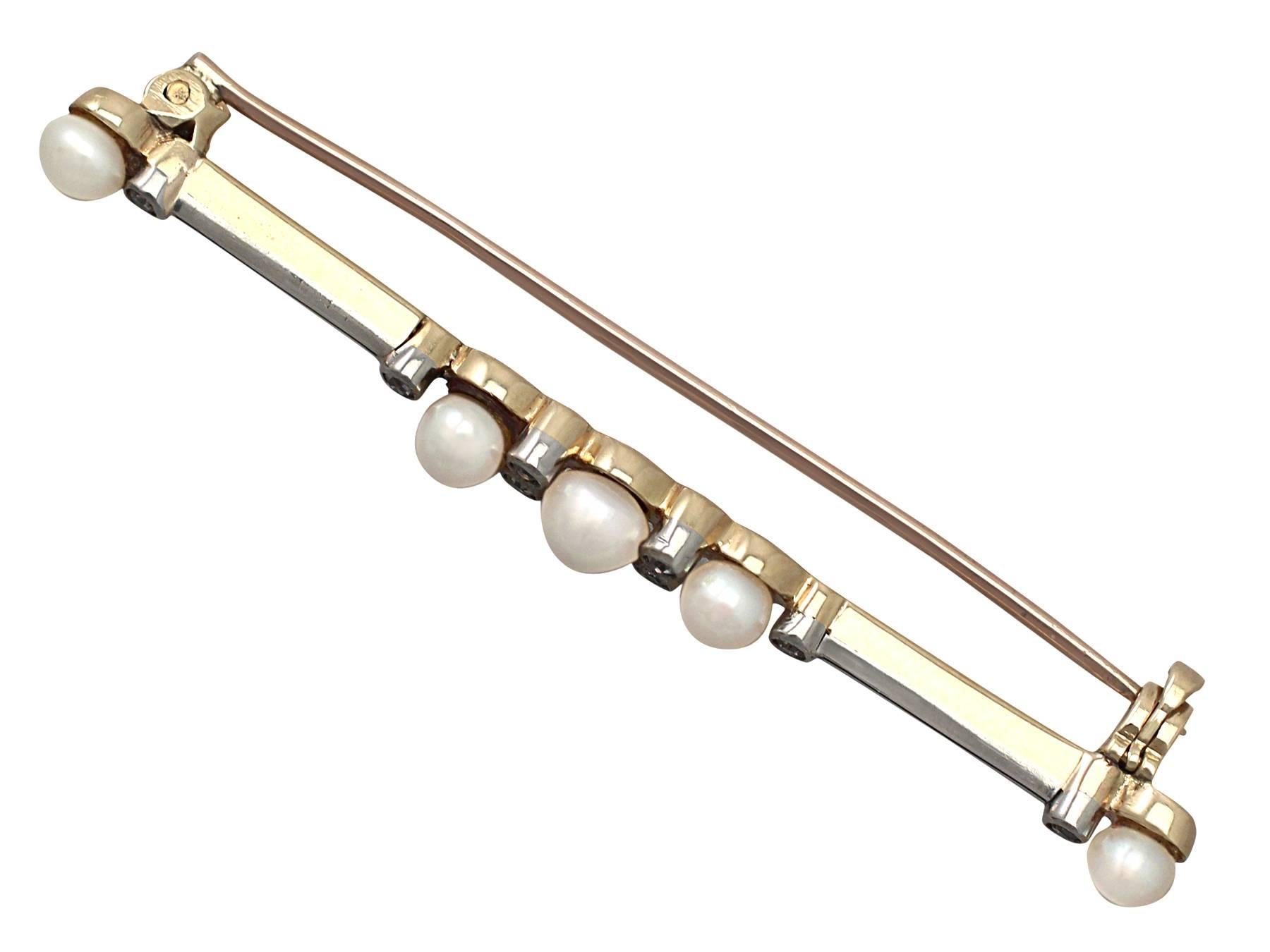 Antique Diamond and Pearl 9k Yellow Gold Bar Brooch For Sale at 1stDibs