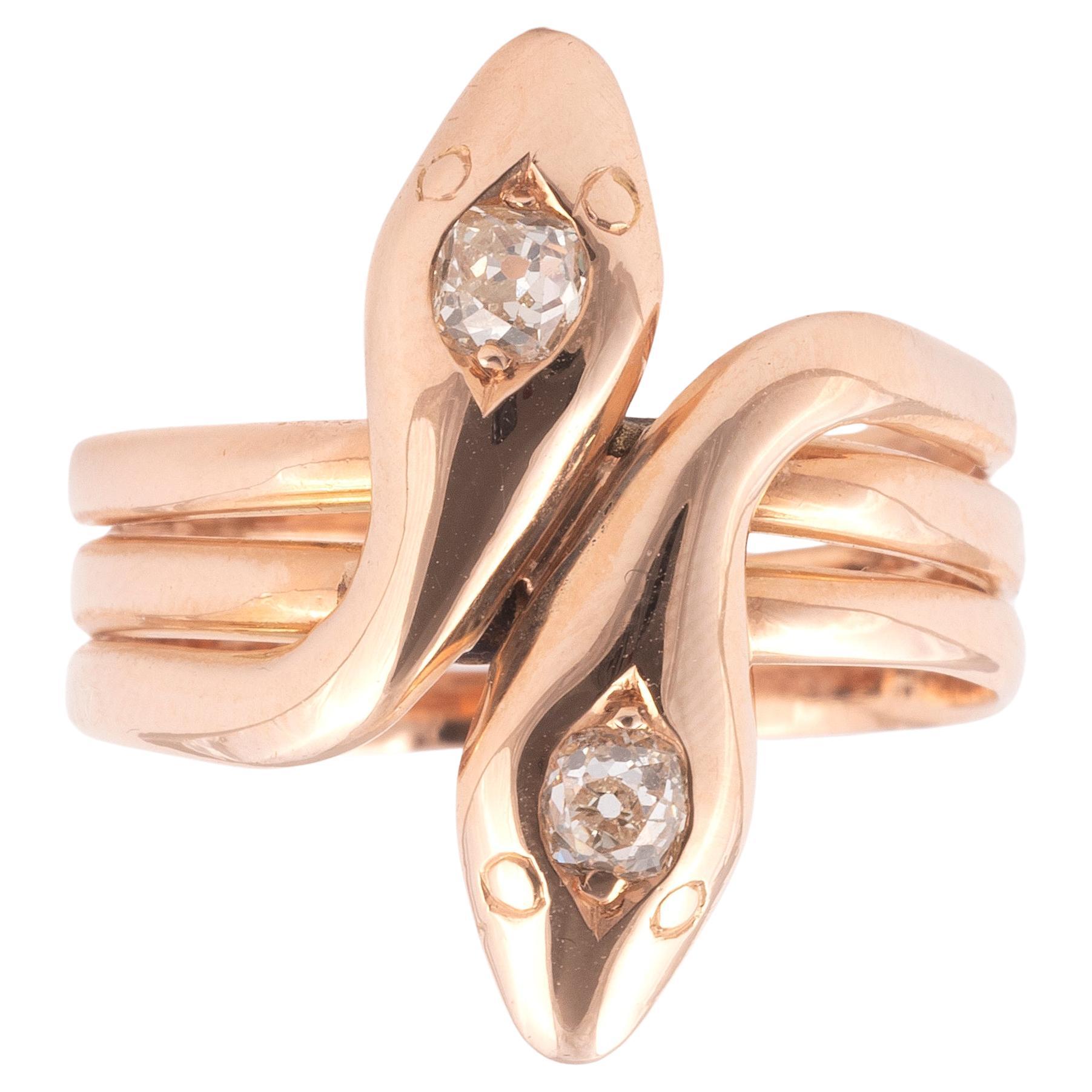 Antique Diamond Rose Gold Twin Snake Ring For Sale at 1stDibs