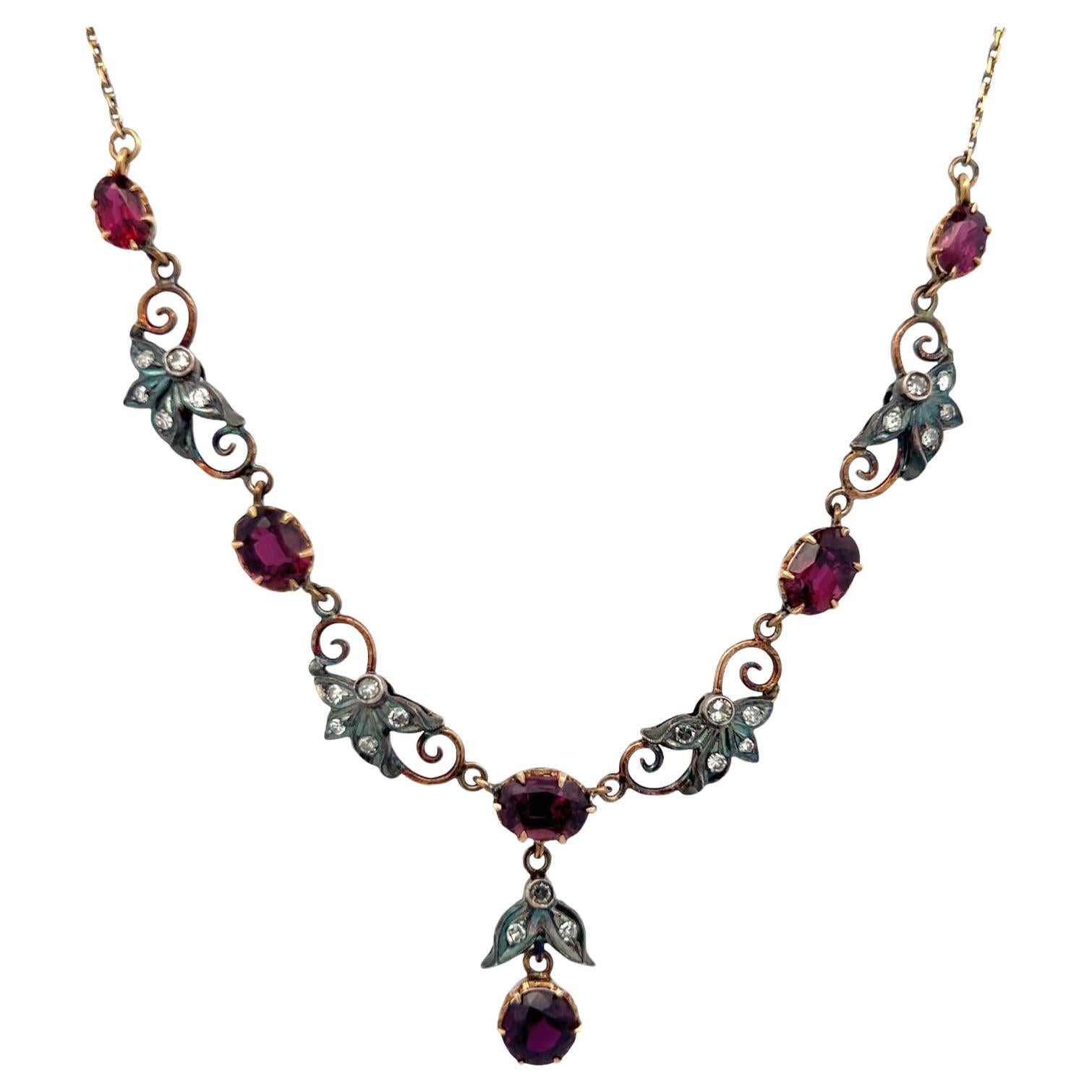Antique Diamond Ruby 14 Karat Yellow Gold Sterling Silver Necklace For ...