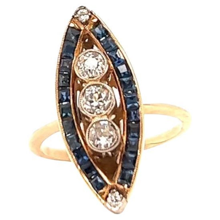 Antique Diamond Sapphire 18 Karat Yellow Gold Navette Ring For Sale at ...