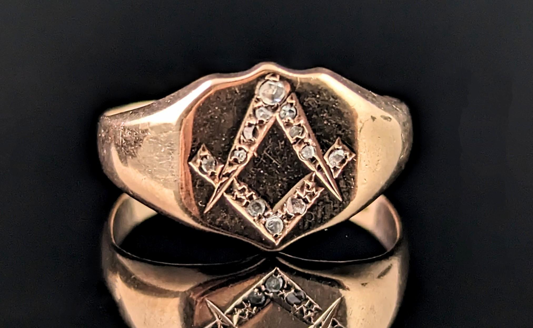 Antique diamond signet ring, 9k rose gold, Masonic For Sale at 1stDibs