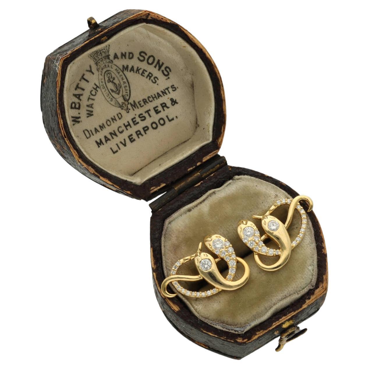 Antique Diamond Snake Earrings Solid 14k Gold, Victorian Revival Gold Snake Stud For Sale at 1stDibs