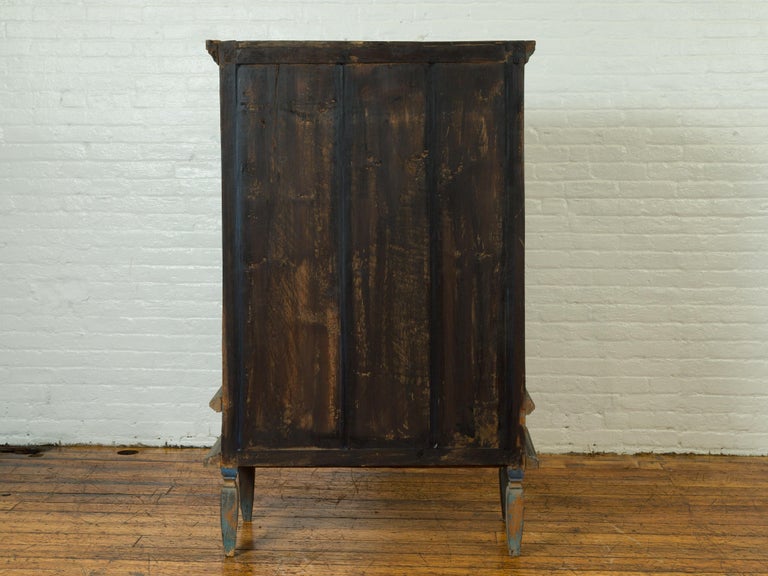 Antique Distressed Blue Painted Cabinet with Carved Doors and Single ...