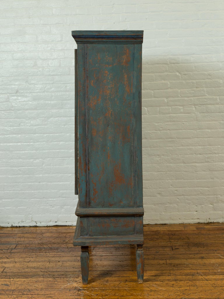 Antique Distressed Blue Painted Cabinet with Carved Doors and Single ...