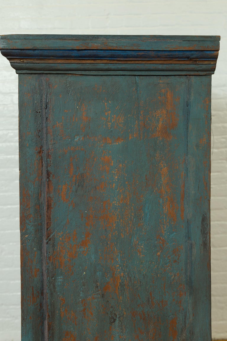 Antique Distressed Blue Painted Cabinet with Carved Doors and Single ...