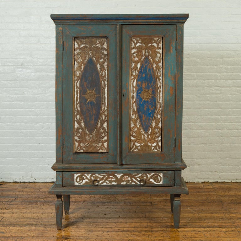Antique Distressed Blue Painted Cabinet with Carved Doors and Single ...